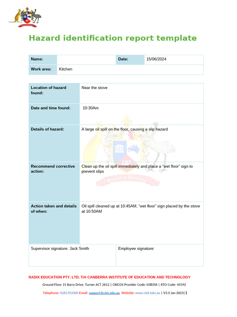 SITXWHS005 Hazard Identification Report Template | PDF