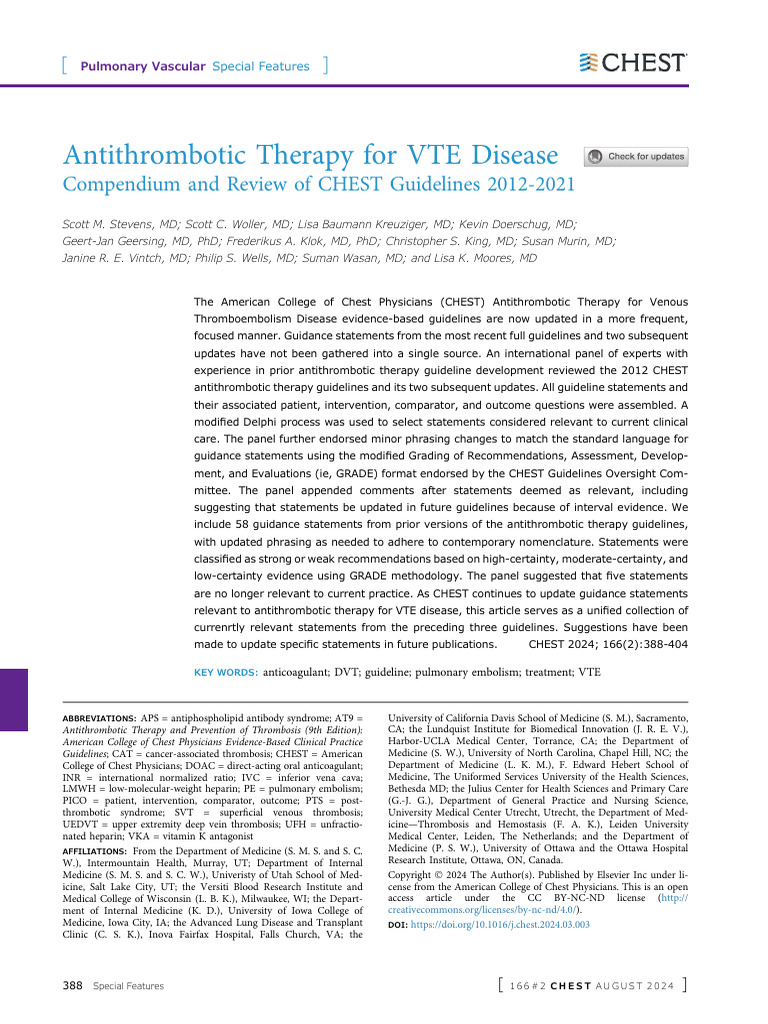 CHEST 2024 Guidelines Compendium Antithrombotic TX | PDF