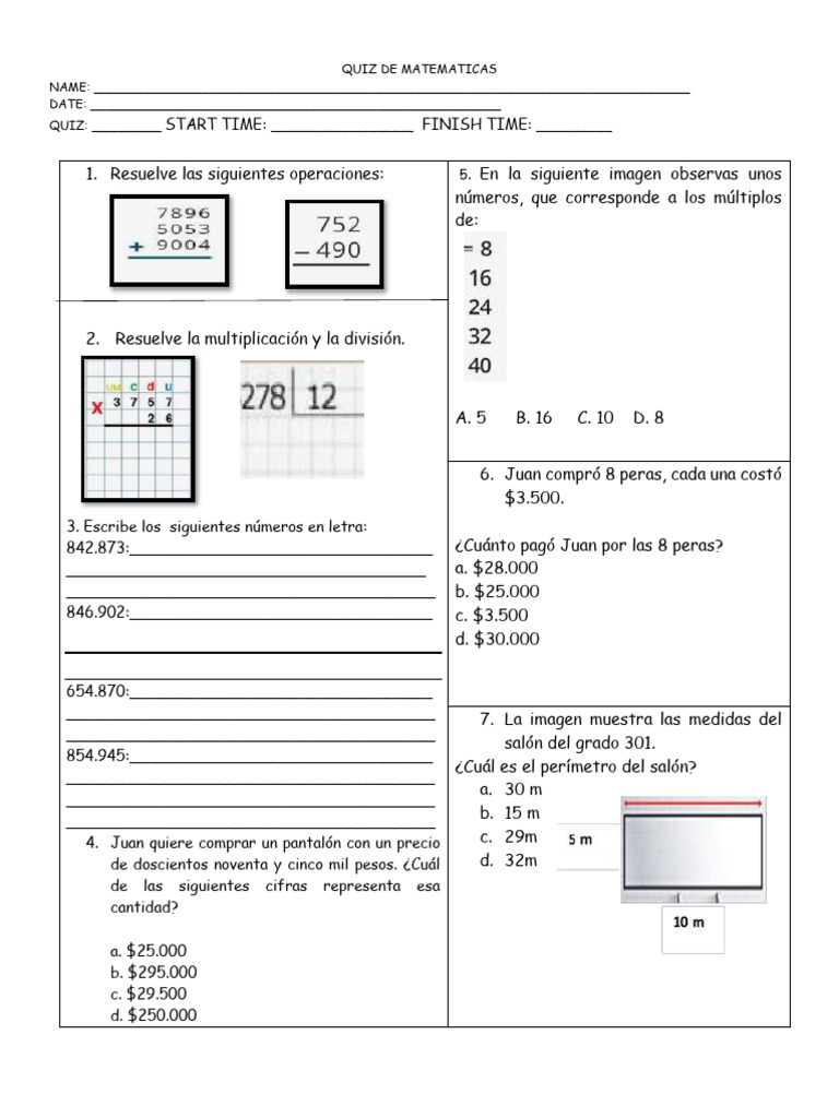 QUIZ DE MATEMATICAS #1 | PDF
