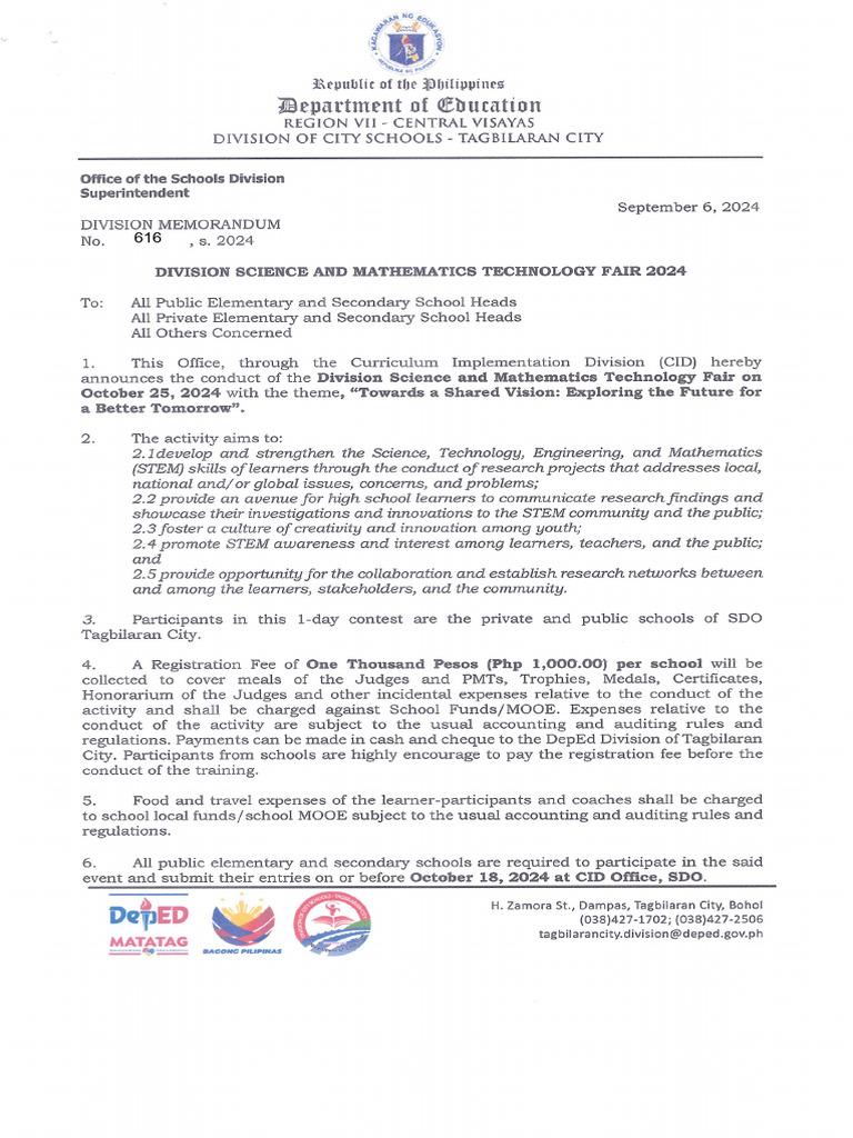 DM No. 616 S. 2024 Division Science and Mathematics Technology Fair ...