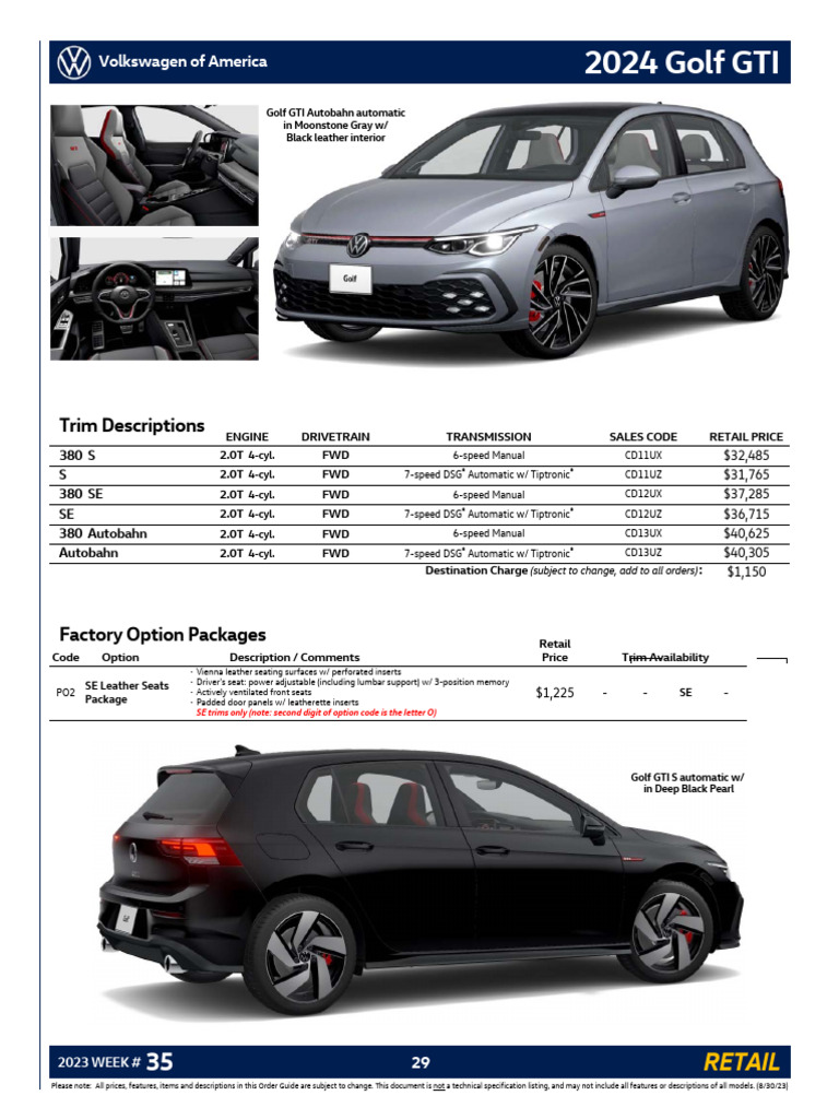 Golf GTI VW MY24 RETAIL Price and Order Guide For CW35 2023 With Golf ...