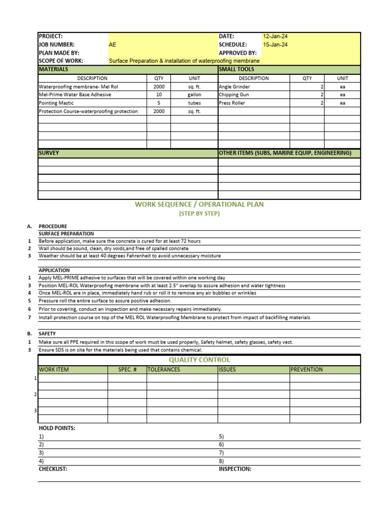 Work Plan - Surface Preparation & Waterproofing Installation | PDF ...