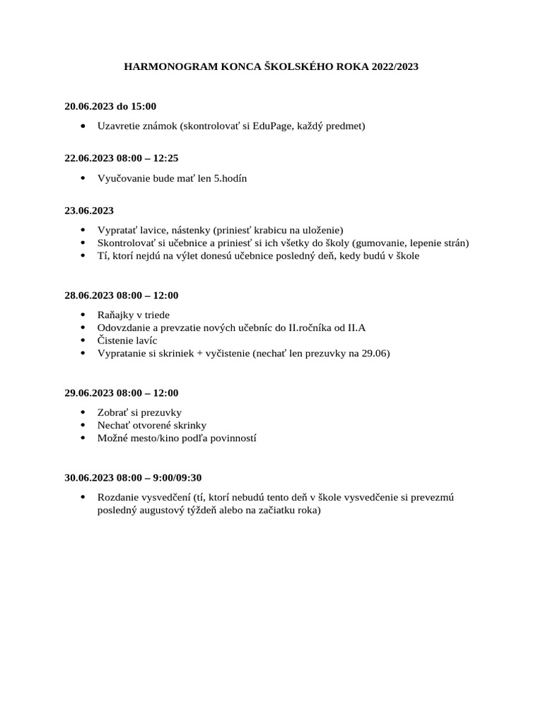 Harmonogram Konca Školského Roka 2022 | PDF