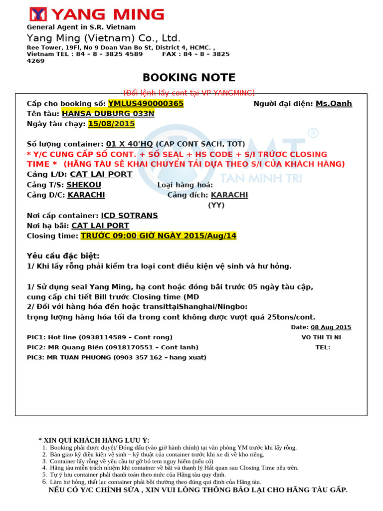 Booking Note - YangMIng | PDF