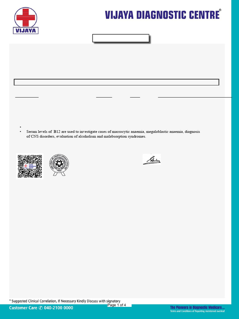 Vitamin - B12: Test Report Mr. Pilli Sai Kumar 70 Years / Male | PDF