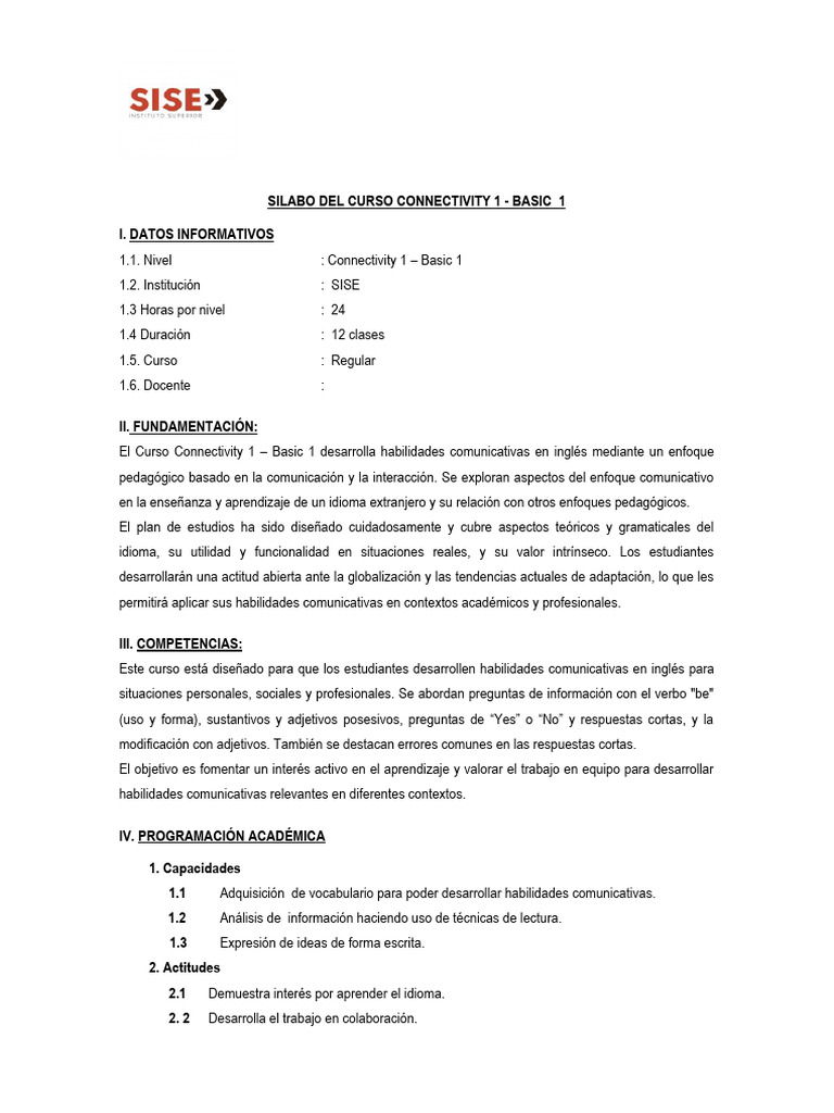 Silabus SISE Connectivity 1 - BASIC 1 | PDF