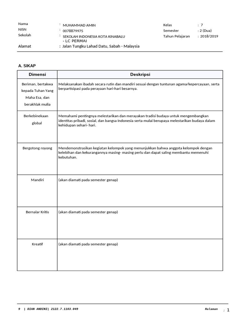 Contoh Rapor Islam Kelas 9 Semester 1-1 | PDF