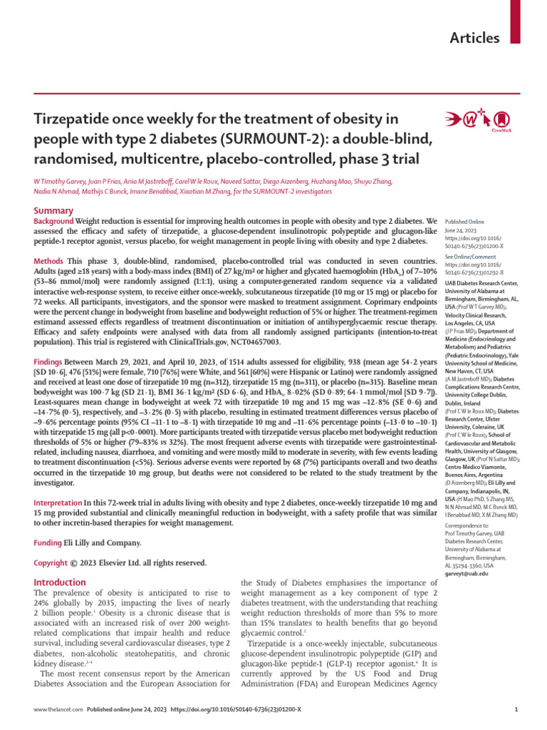 W Timothy Garvey Tirzepatide Once Weekly For The | PDF