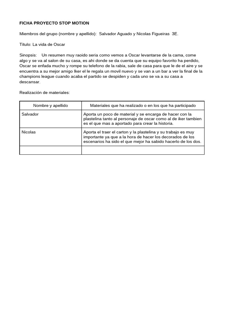 FICHA PROYECTO STOP MOTION (Salvador y Nico) | PDF