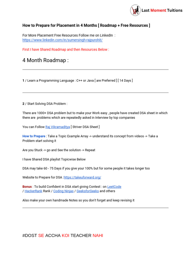 How To Prepare For Placement in 4 Months - Roadmap - Free Resources ...