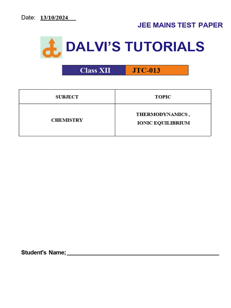Xii - Jee - JTC - 013 - Jee - Chem-Thermodynamics & Ionic Equilibrium - QP | PDF
