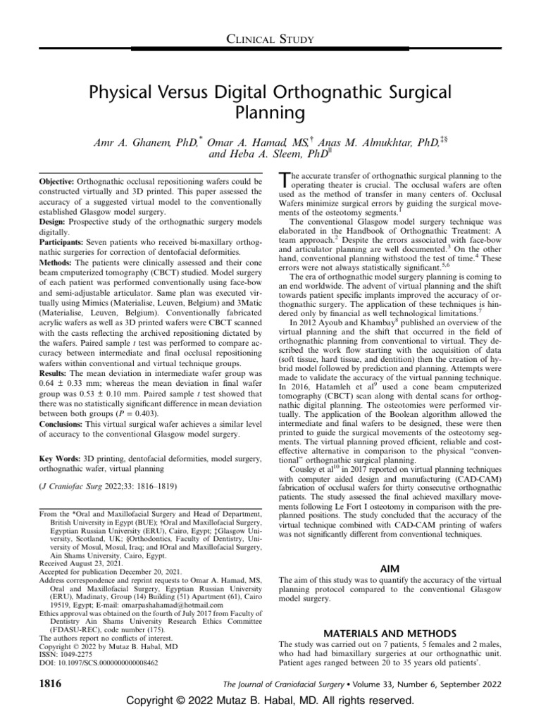 Physical Versus Digital Orthognathic Surgical Planning | PDF