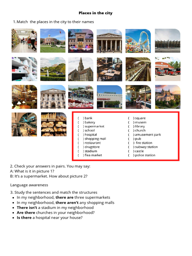Places in The City - Vocabulary Exercise For ESL A1 Students | PDF