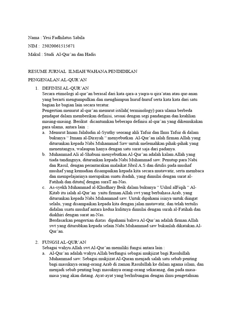 Resume Jurnal (Pengenalan Al-Qur'an) Studi Al-Quran Dan Hadis SMT 2 YESIII | PDF