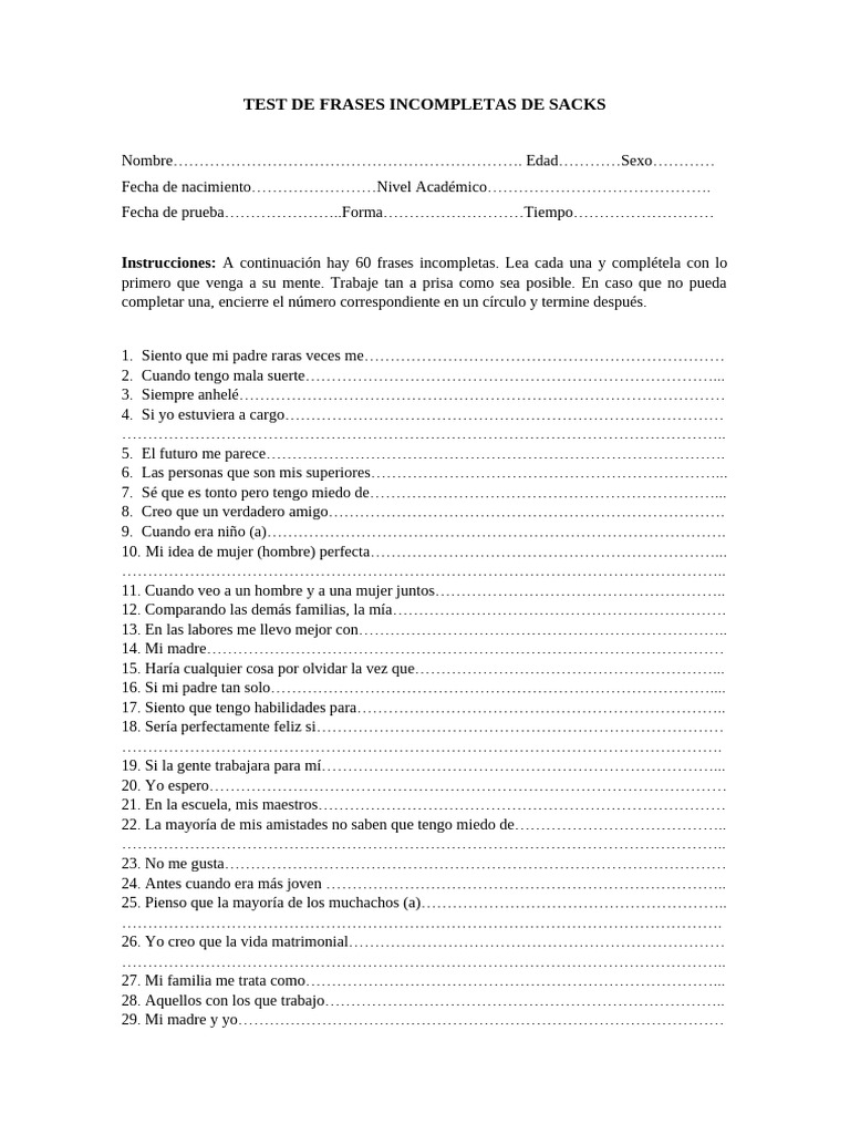 Test-de-Frases-as-de-Sacks para Adultos | PDF