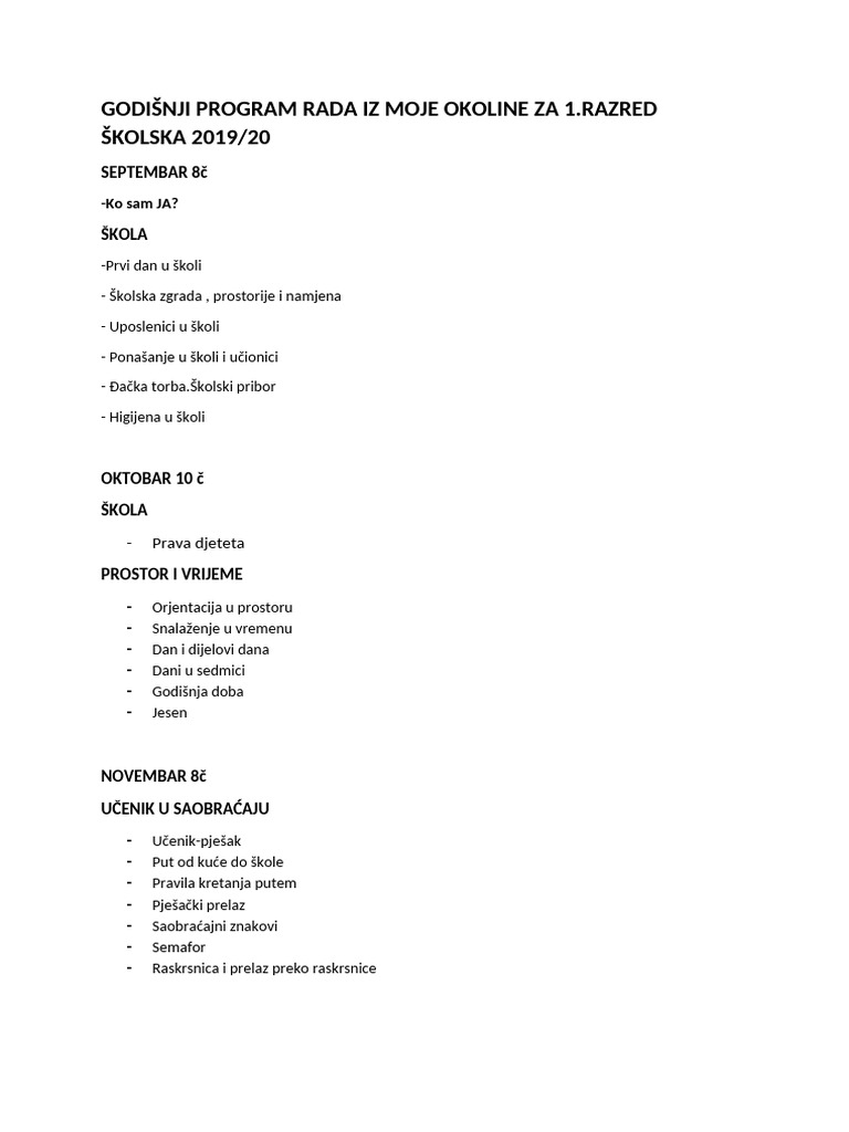 GODIŠNJI PROGRAM RADA IZ MOJE OKOLINE ZA 1 | PDF