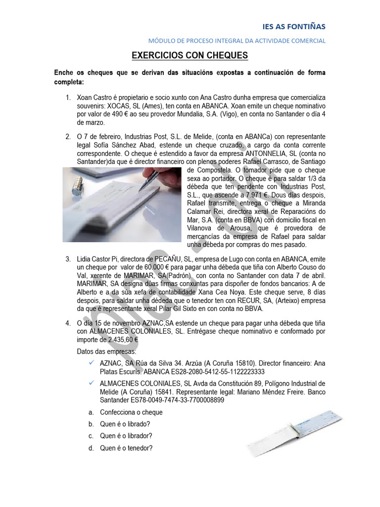 Ejercicios de Cheques | PDF
