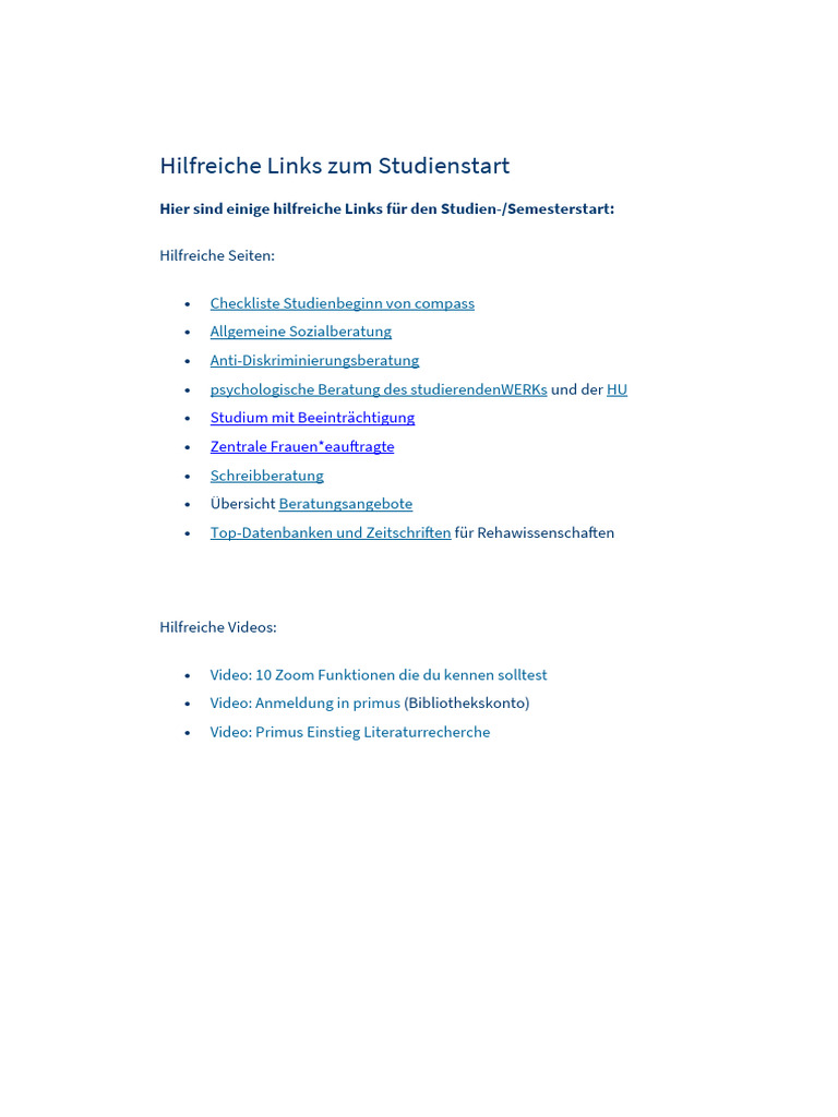 Hilfreiche Links Zum Studienstart | PDF