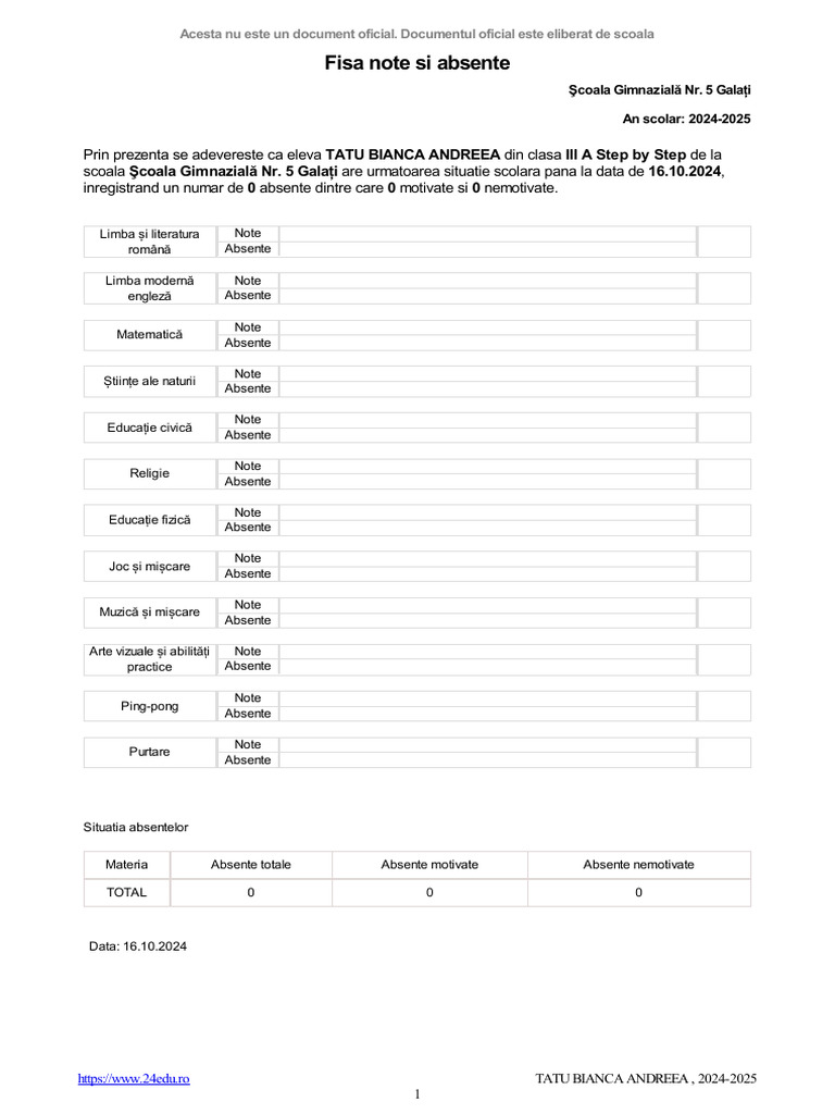 Fisa Note Si Absente 2024-2025 Tatu Bianca Andreea 16.10.2024 | PDF