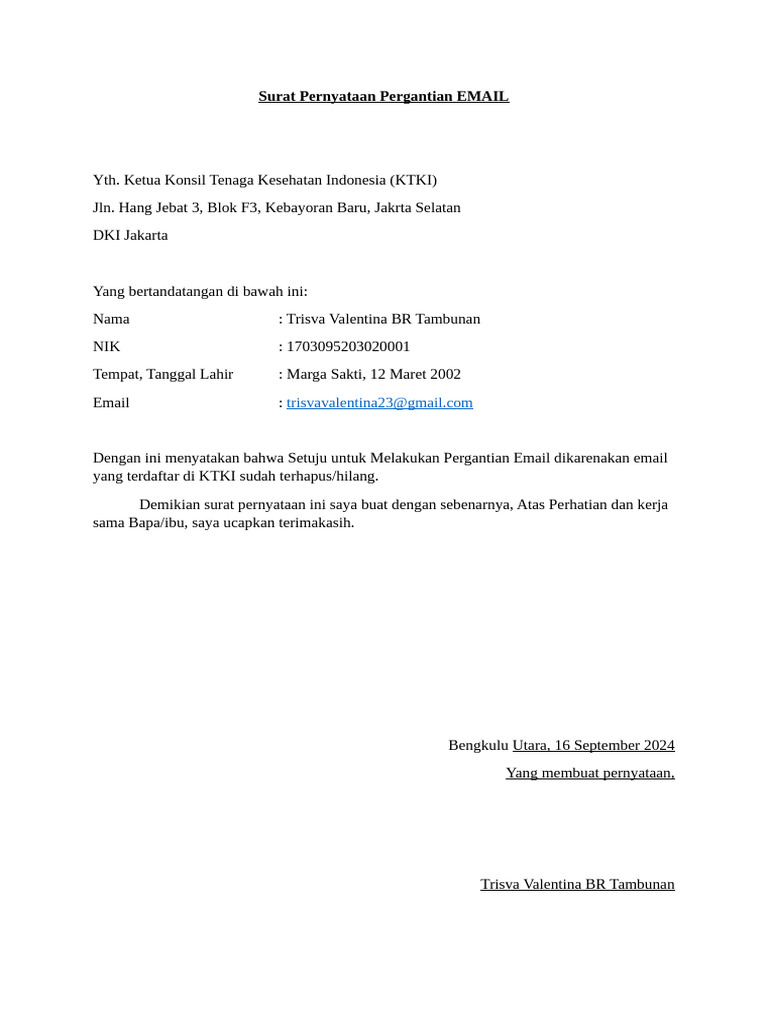 Surat Pernyataan Pergantian EMAIL | PDF