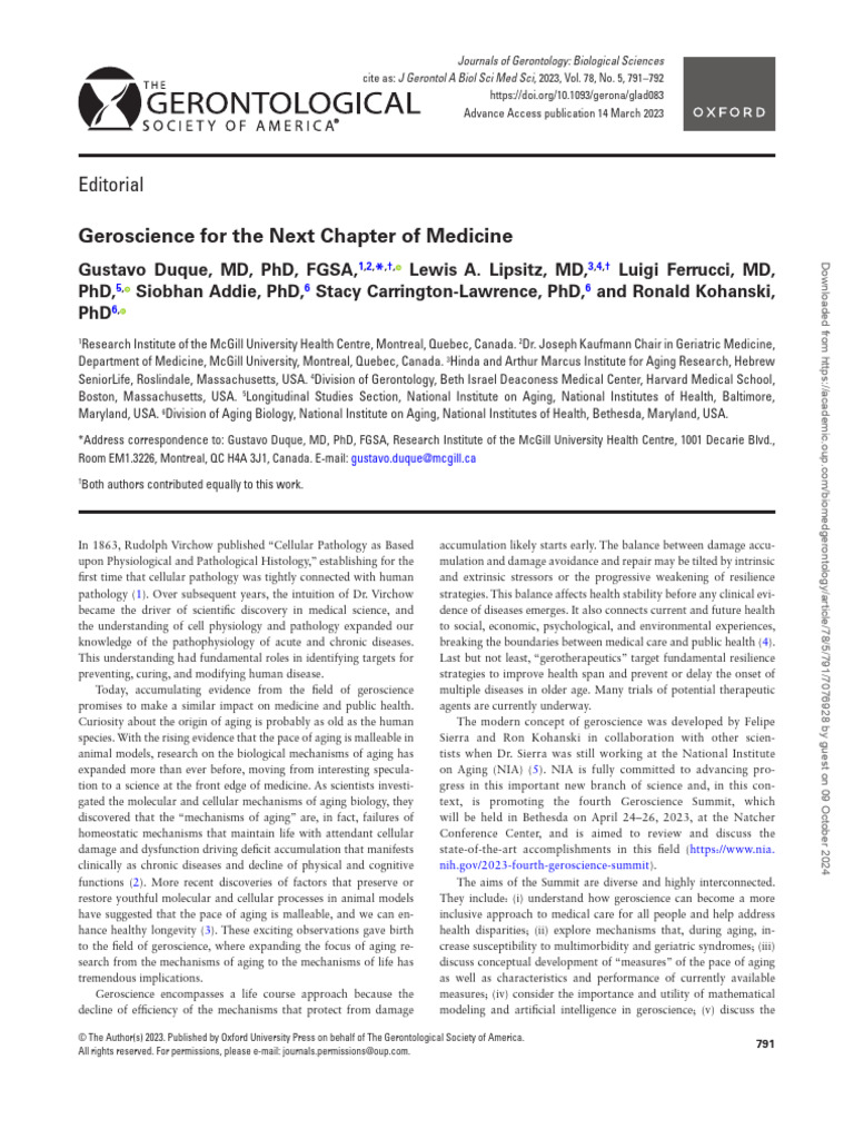 Geroscience For The Next Chapter of Medicine | PDF
