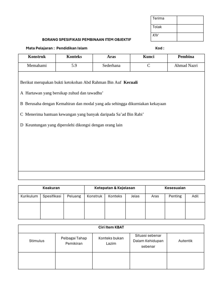 Borang Objektif Uasa t3 Sirah_akhlak | PDF