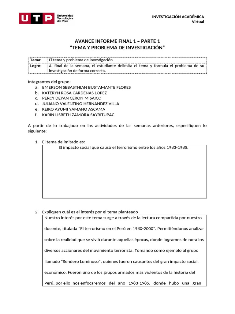 Semana 03-Formato - Avance de Informe Final 1 - Parte 1 - Tema y Problema de Investigación | PDF ...