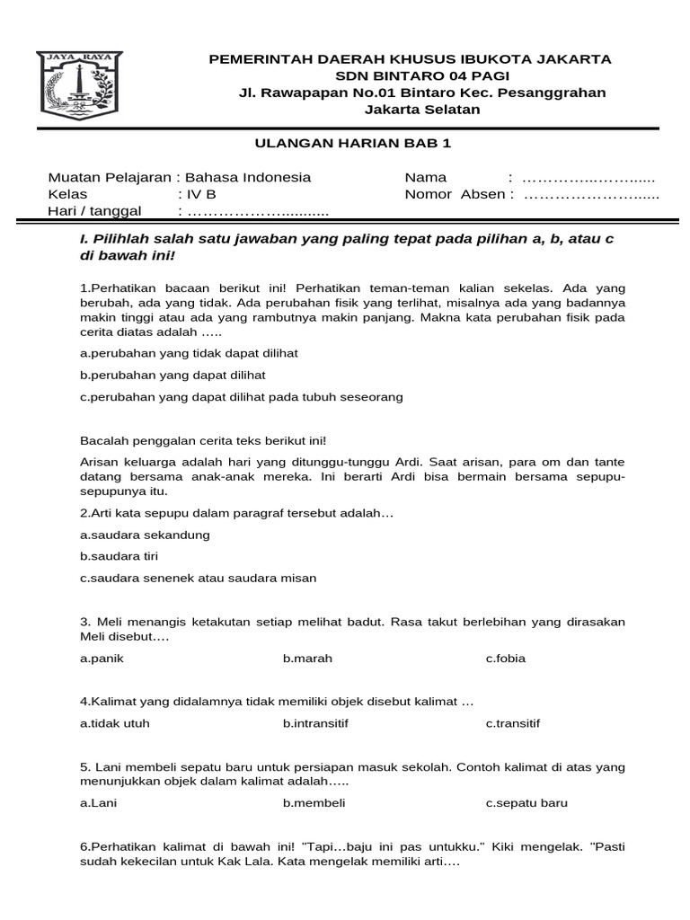 Uh Bhs Indonesia 4b Bab 1 | PDF