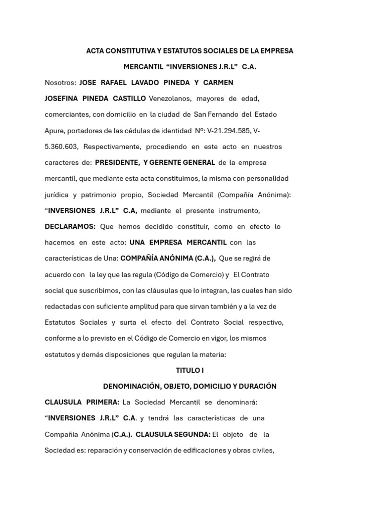 Acta Constitutiva Empresa Mercantil | PDF | Sociedad de responsabilidad limitada | Business