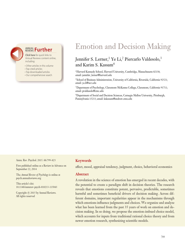 Emotion and Decision Making | PDF