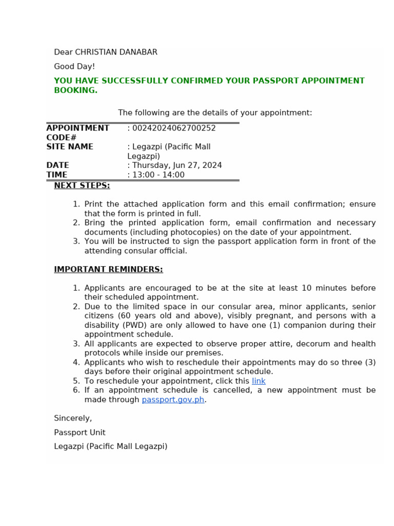 Appointment Confirmation | PDF