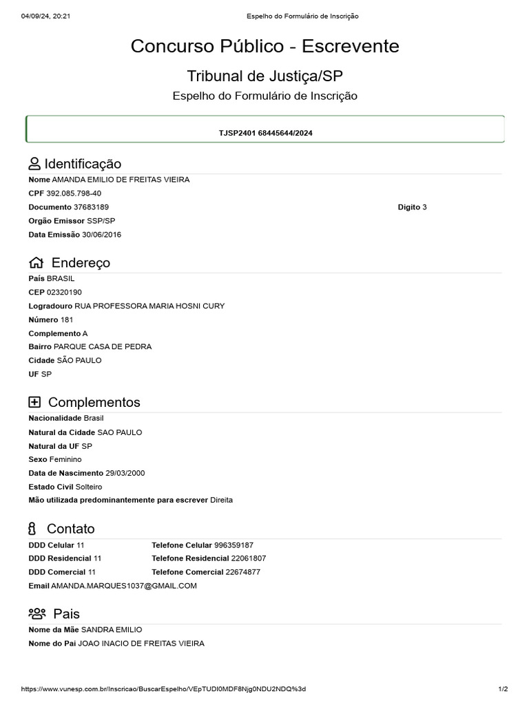 Espelho Do Formulário de Inscrição | PDF