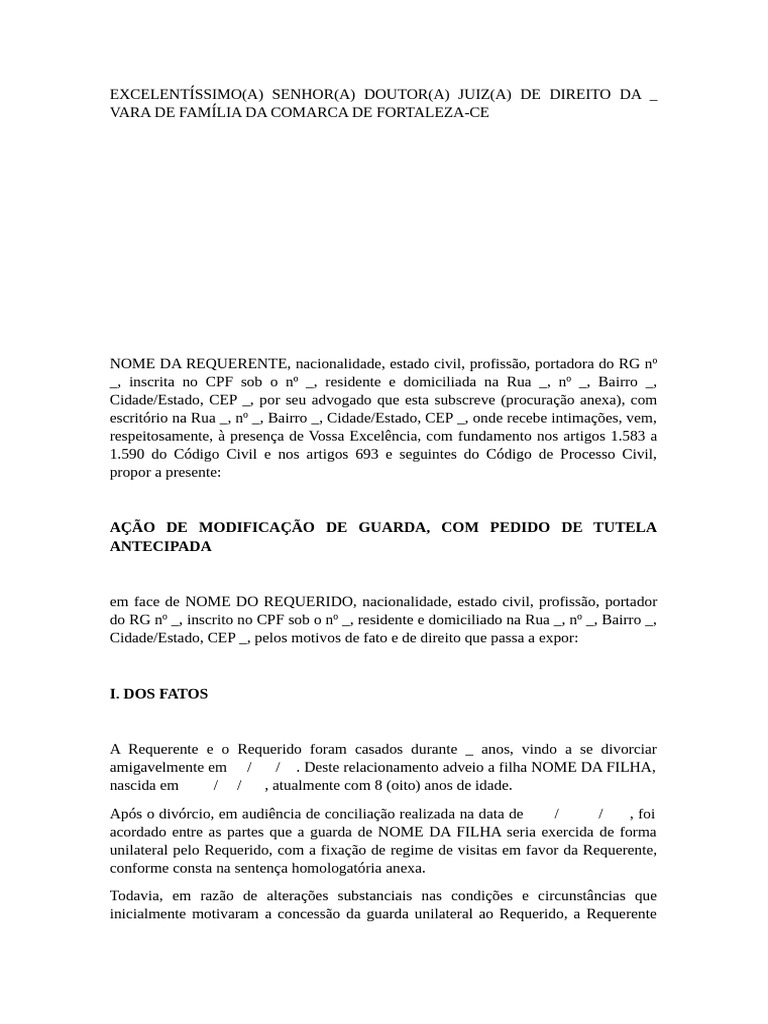 Modelo de Ação de Guarda, Com Tutela | PDF