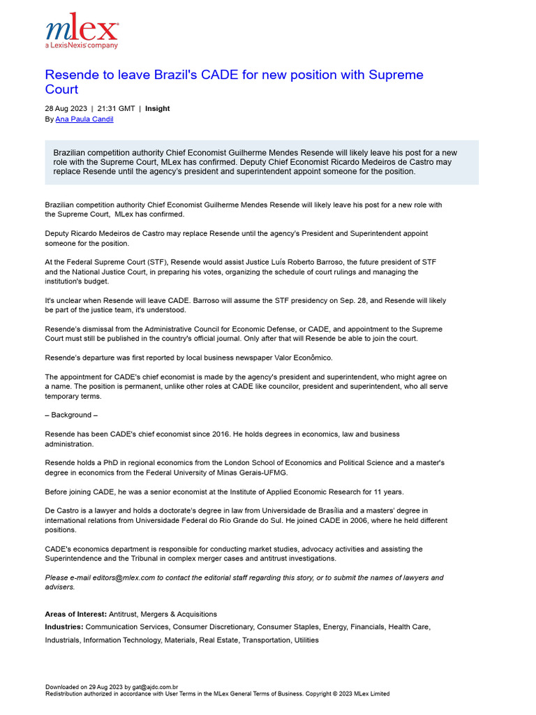 MLex - Resende To Leave Brazil's CADE For New Position With Supreme ...