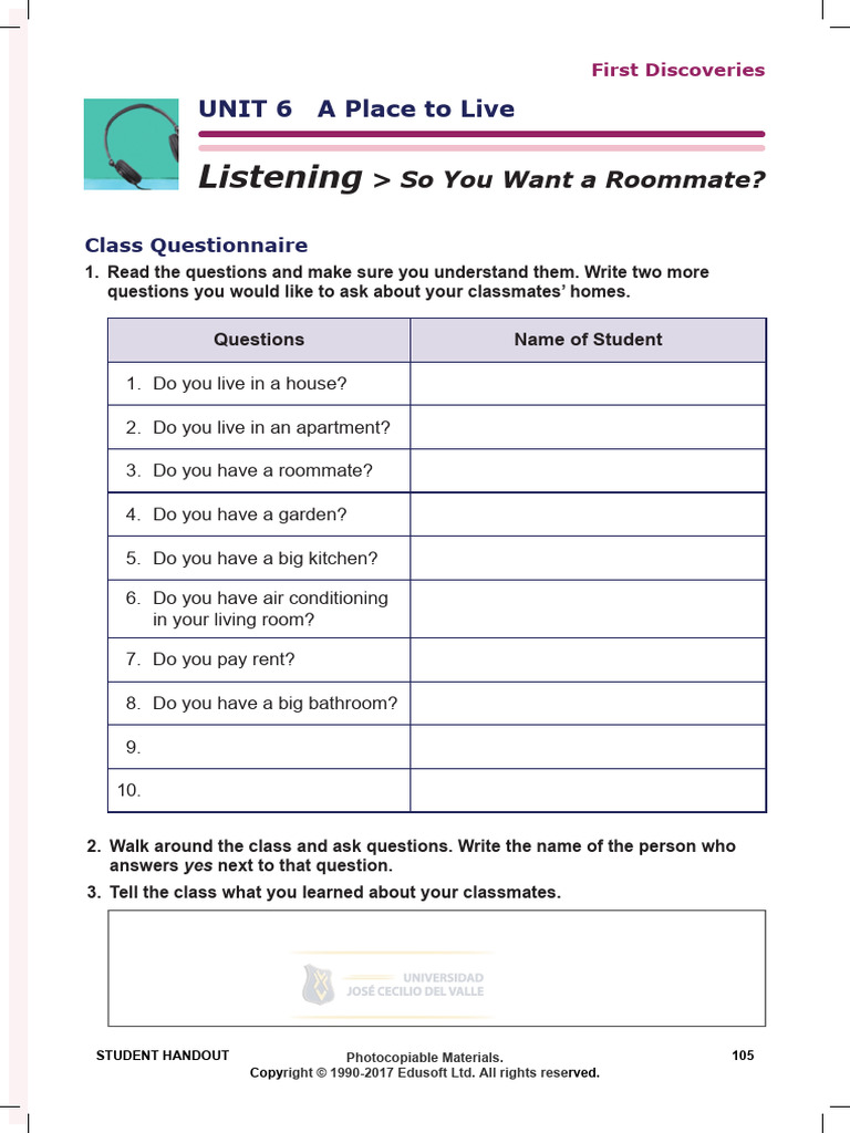 08 First Discoveries Handout Unit 7 A Place To Live So You Want A ...