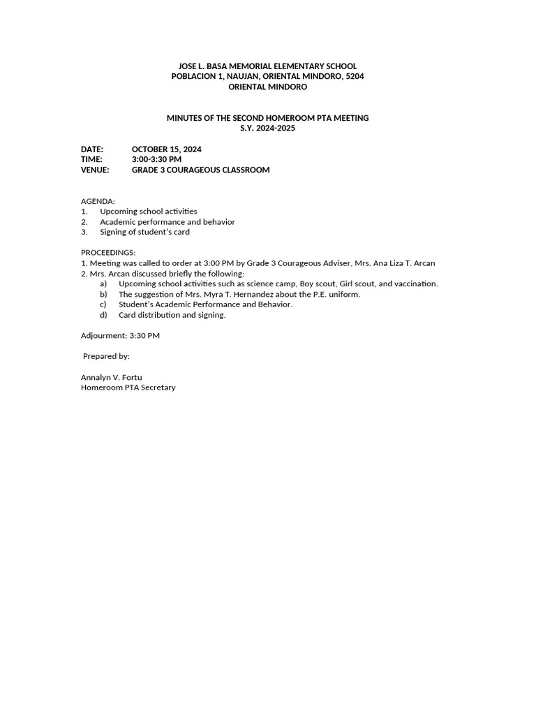 Jose L Basa Minutes Meeting | PDF