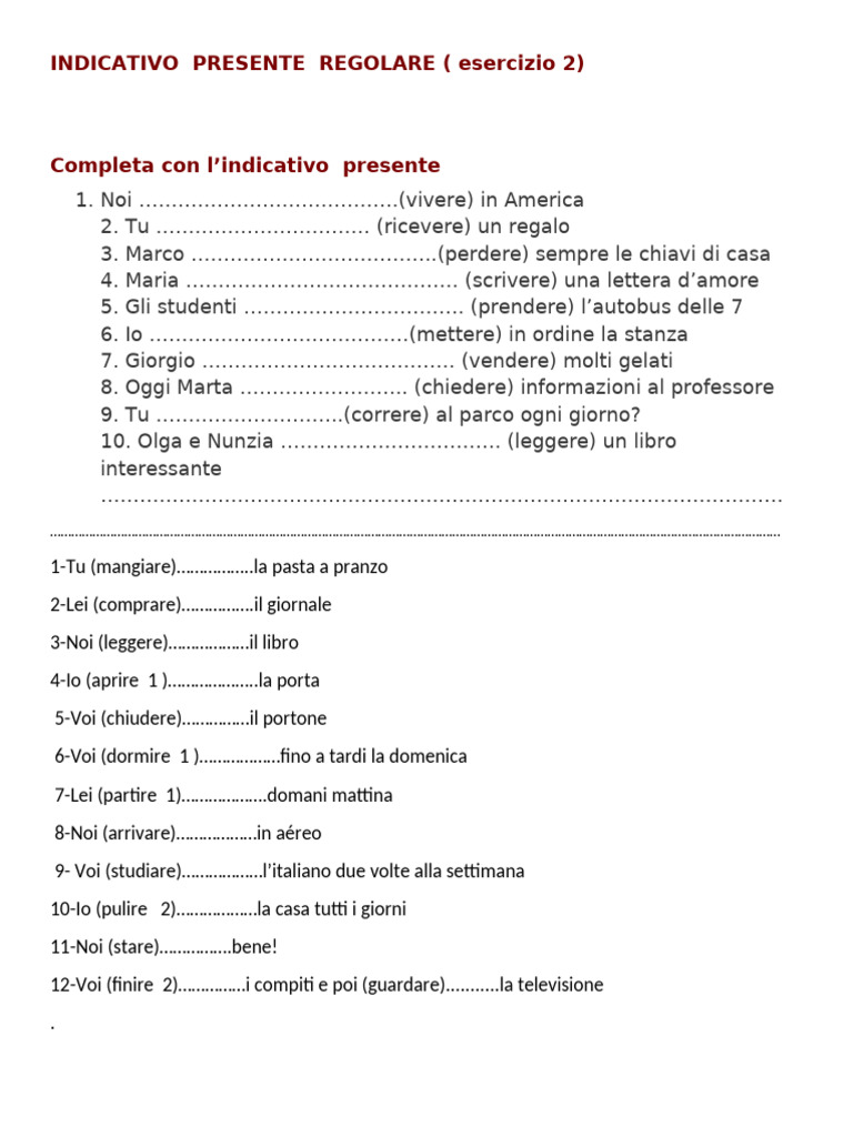 Indicativo Presente Regolare (Esercizio 2) | PDF