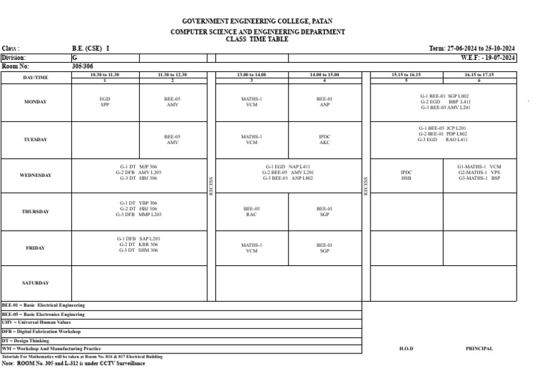 Time Table Sem-1 Division-G | PDF