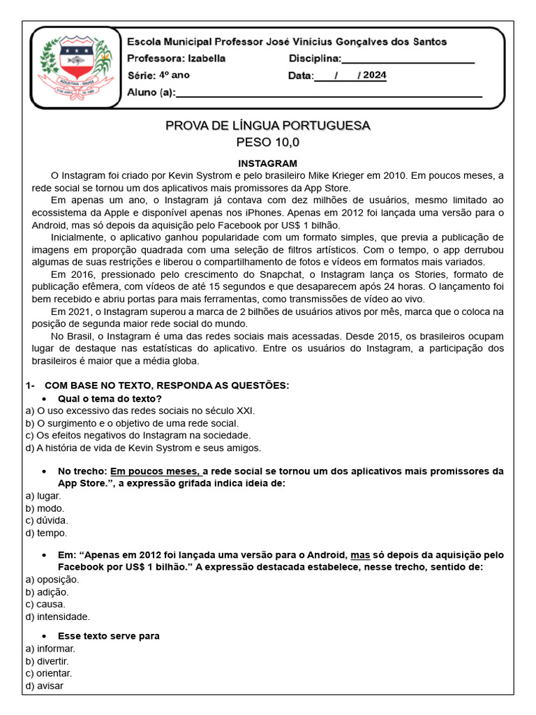 Prova de Portugues | PDF