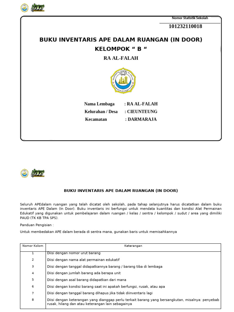 A.2.4 Buku Inventaris Ape Dalam Paud TK KB | PDF