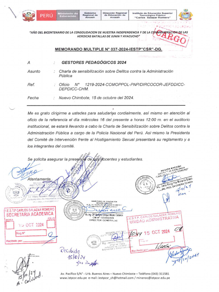 Memorando Múltiple #037-2024 Gestores Charla de Sensibilización | PDF