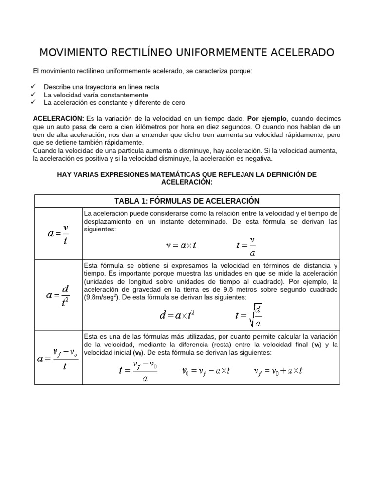 Movimiento Rectilíneo Uniformemente Acelerado | PDF