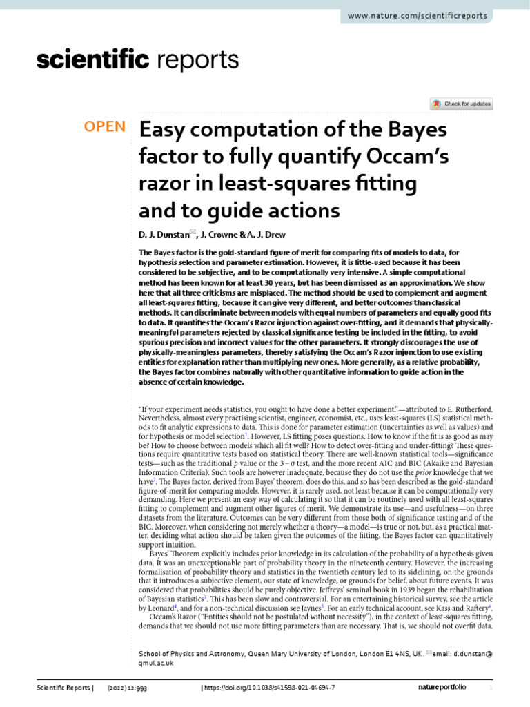Easy Computation of The Bayes Factor To Fully Quantify Occam's Razor in Least Squares Fitting ...