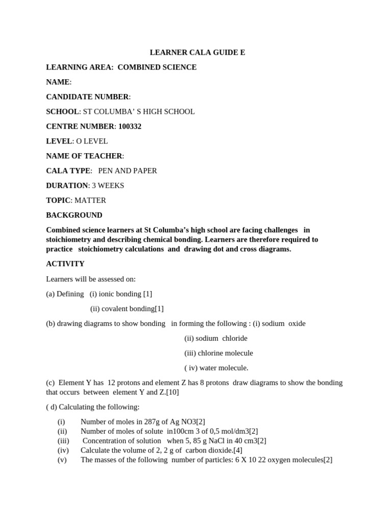 Combined Science CALA D 2024 MATTER | PDF