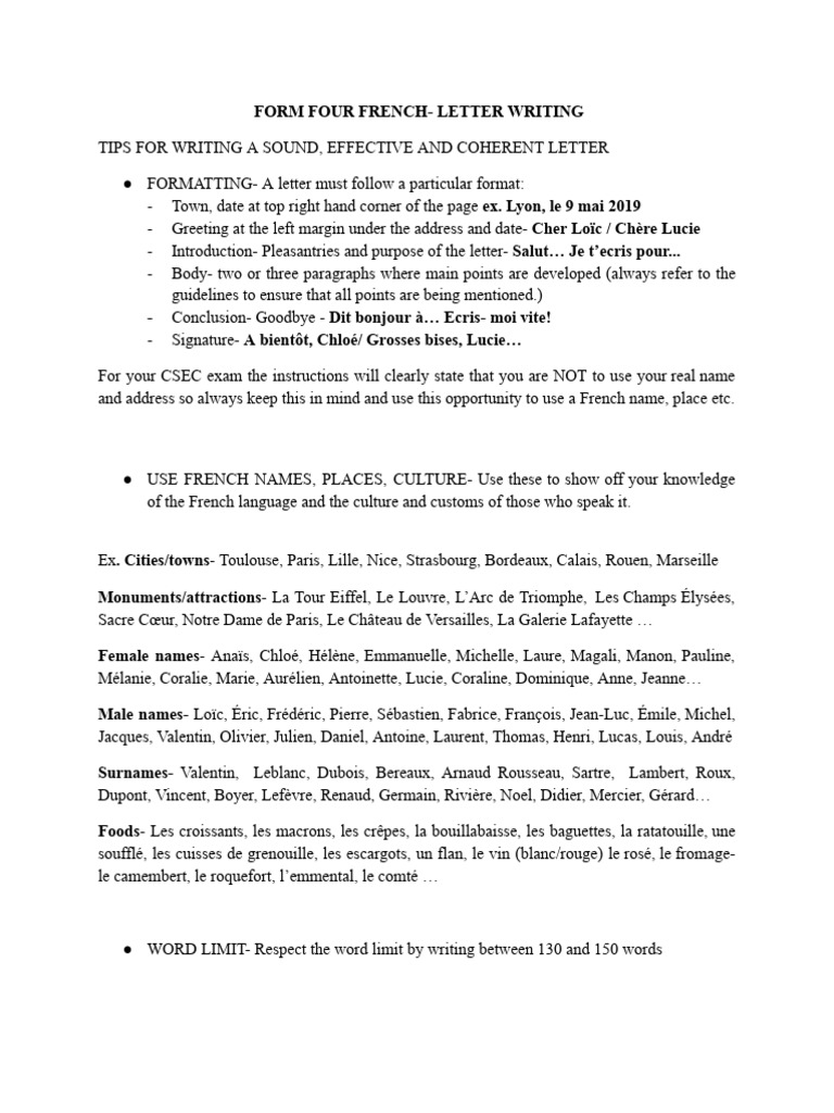 FORM FOUR FRENCH - Letter Writng | PDF