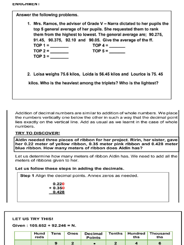 Addition of Decimals | PDF