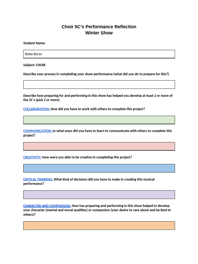 Choir 5C's Performance Reflection - Winter Show | PDF