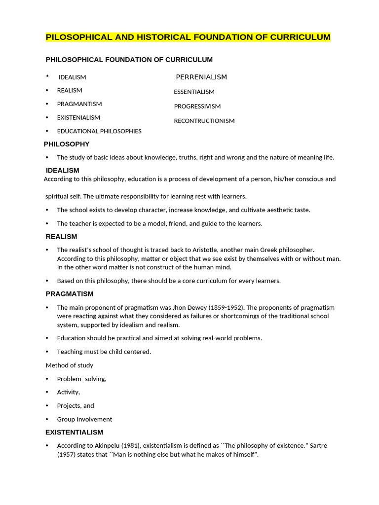Pilosophical and Historical Foundation of Curriculum | PDF | Philosophy ...