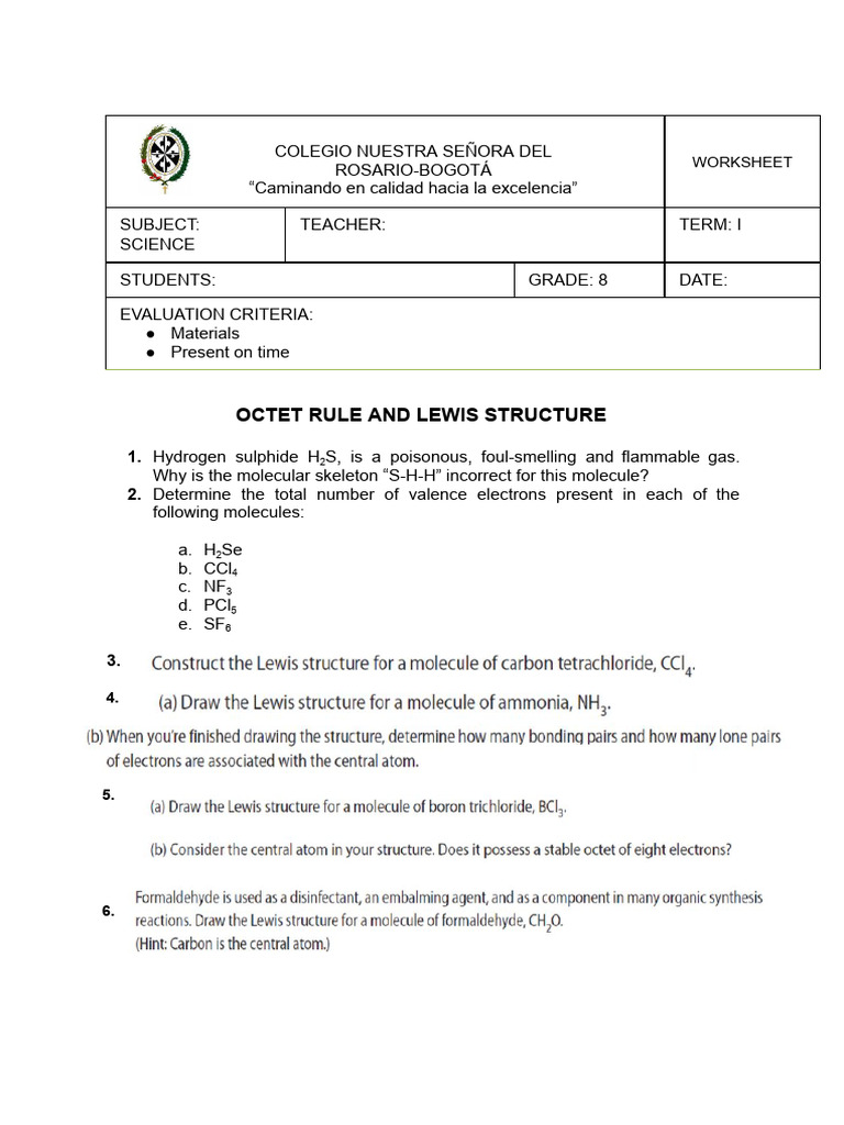 Octet Rule and Lewis Structure: Worksheet | PDF