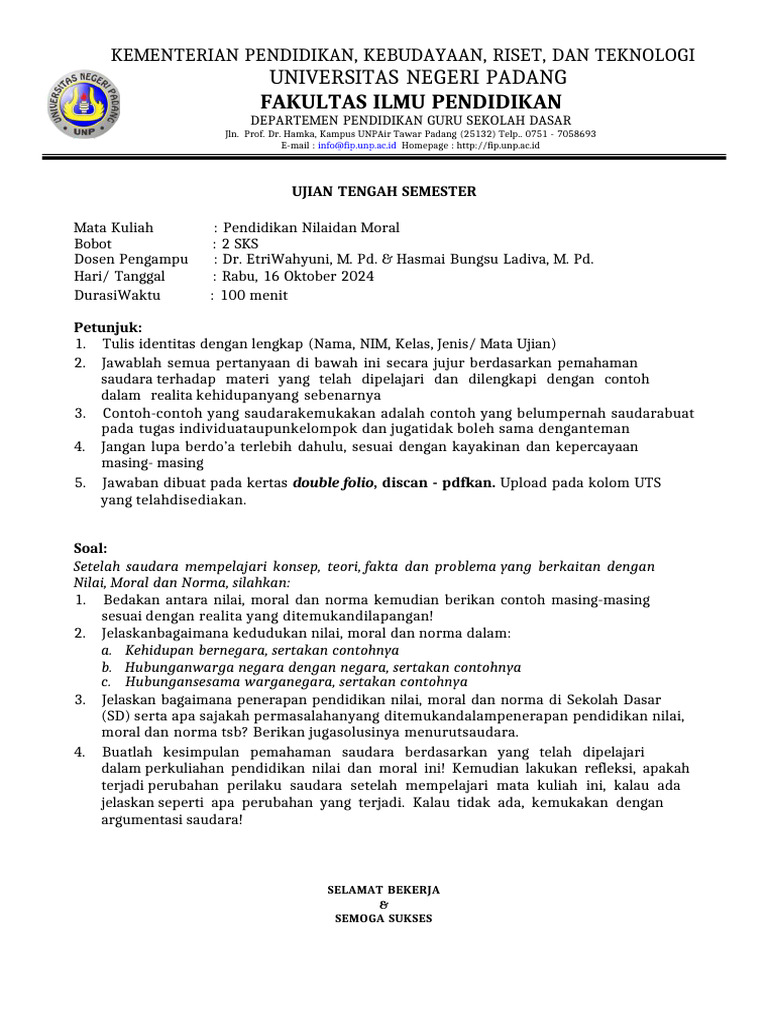 Soal UTS Pendidikan Nilai Dan Moral Tim | PDF
